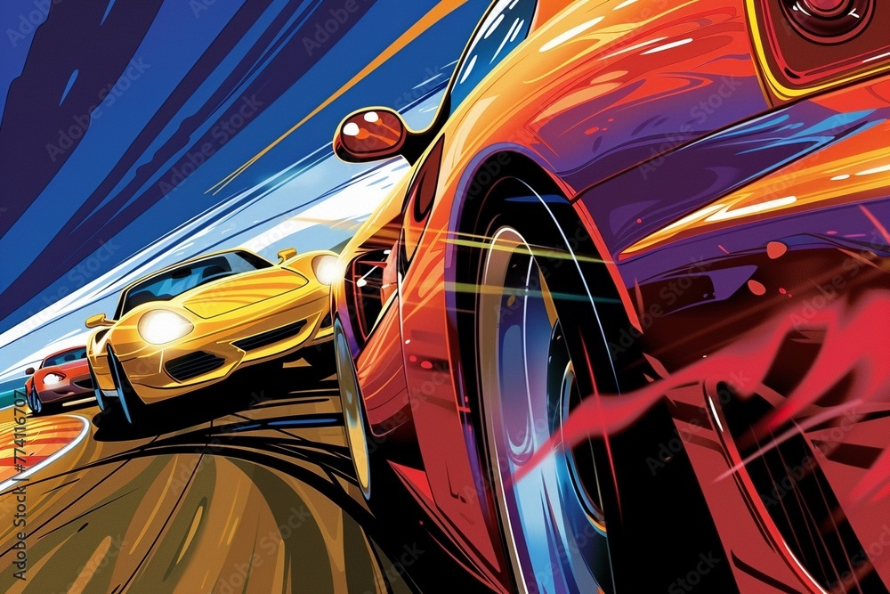 Exhilarating cartoon showcasing a high-velocity supercar race. The ...