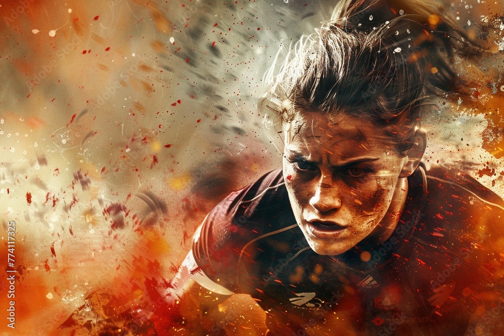 A powerful female rugby player in mid-tackle, muscles tensed ...