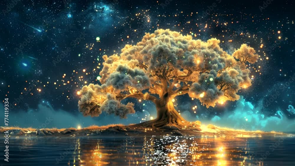 magic tree at night with star fall, amazing view nature video ...