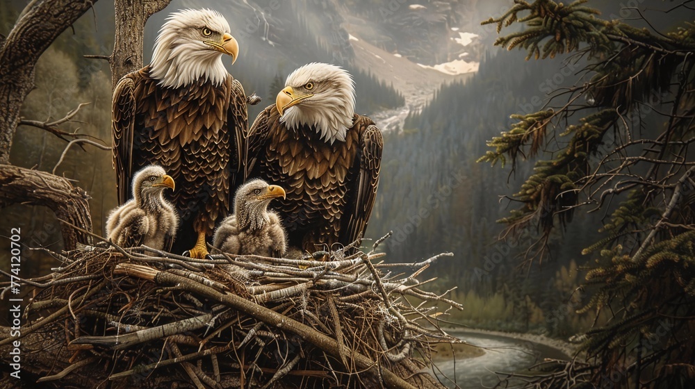 Pair Of Majestic Bald Eagles and Their Eaglets Sitting Their Nest. The ...