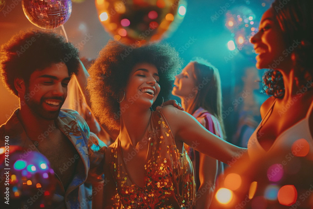 A group of friends dressed in 70s attire dancing at a retro-themed ...
