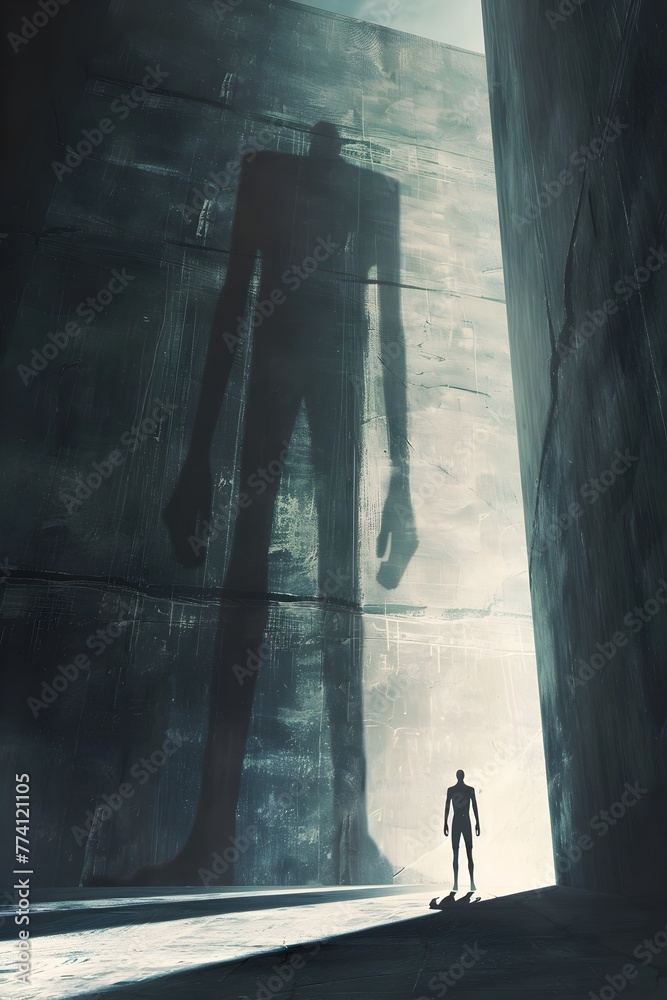 Tiny Figure Confronting an Overwhelming Monolithic Shadow Illustrating ...