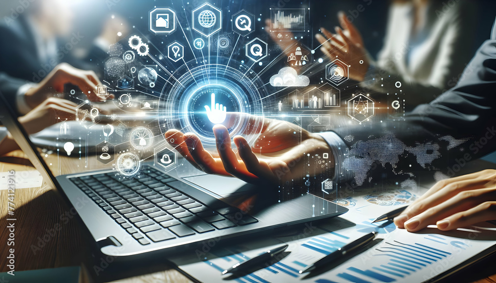 Interactive Tech Hand over laptop with interactive tech icons and ...