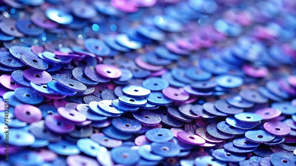 Sequins close-up macro. Abstract background with blue sequins and lilac ...