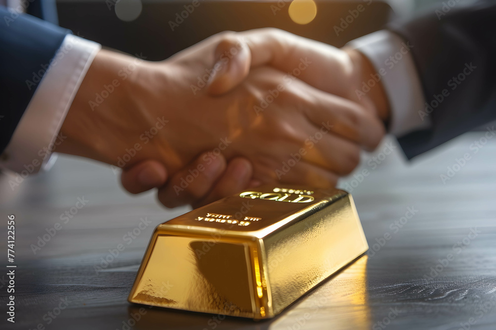 Gold bar on the table and businessman handshake, Investing or trading ...