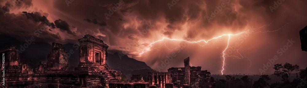 Volcanic lightning framing ancient ruins, juxtaposing the power of ...
