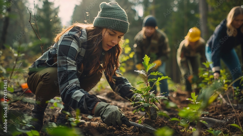 Volunteers Planting Young Trees In Soil, Forest on Background. Eco ...
