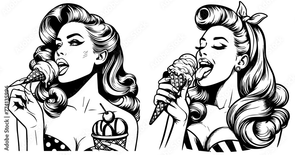 pinup woman eats ice cream, retro style, black vector colorless ...