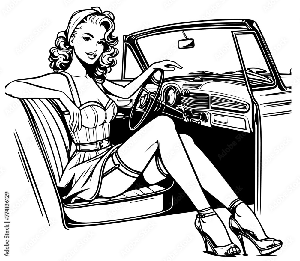 Pin Up Girl Sitting In The Car Vintage Comic Style Black Silhouette