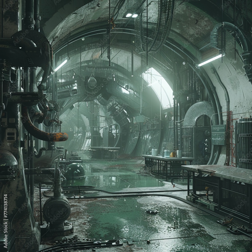 Abandoned lab, giant molecular structures loom, remnants of biotech era ...