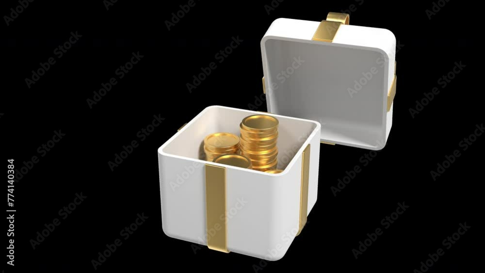 3D open gift box with golden coins and ribbon animation. Money prize ...