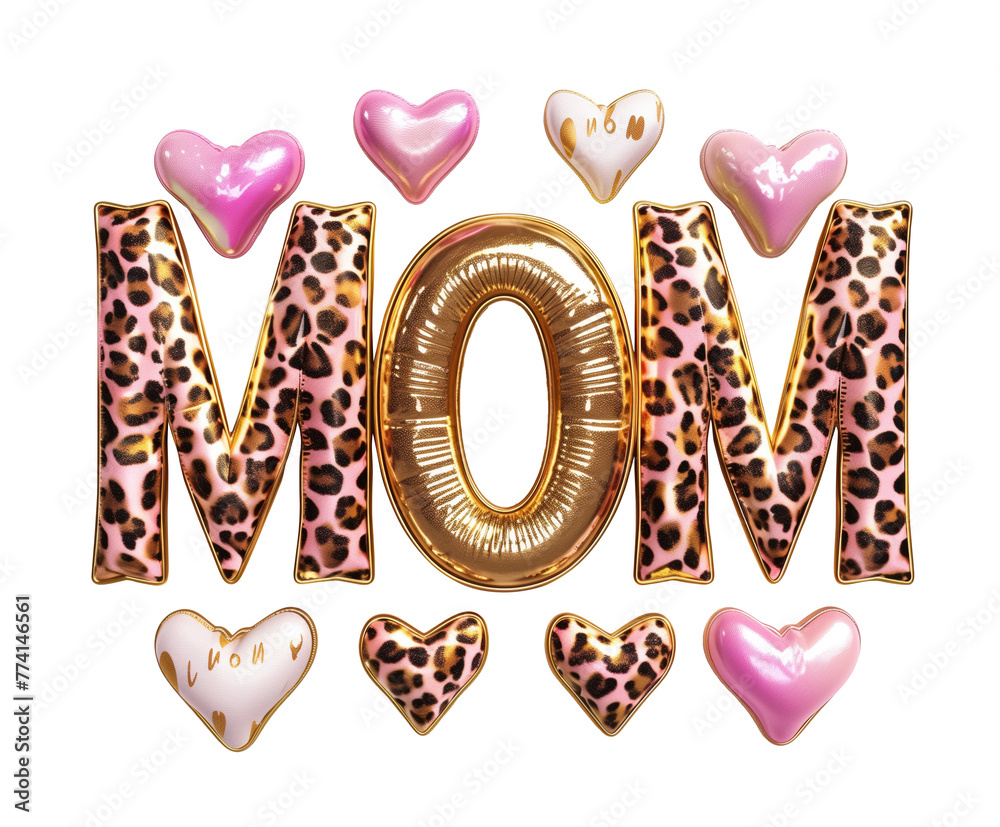Word Mom is made of colorful inflatable balloon letters with pink and ...