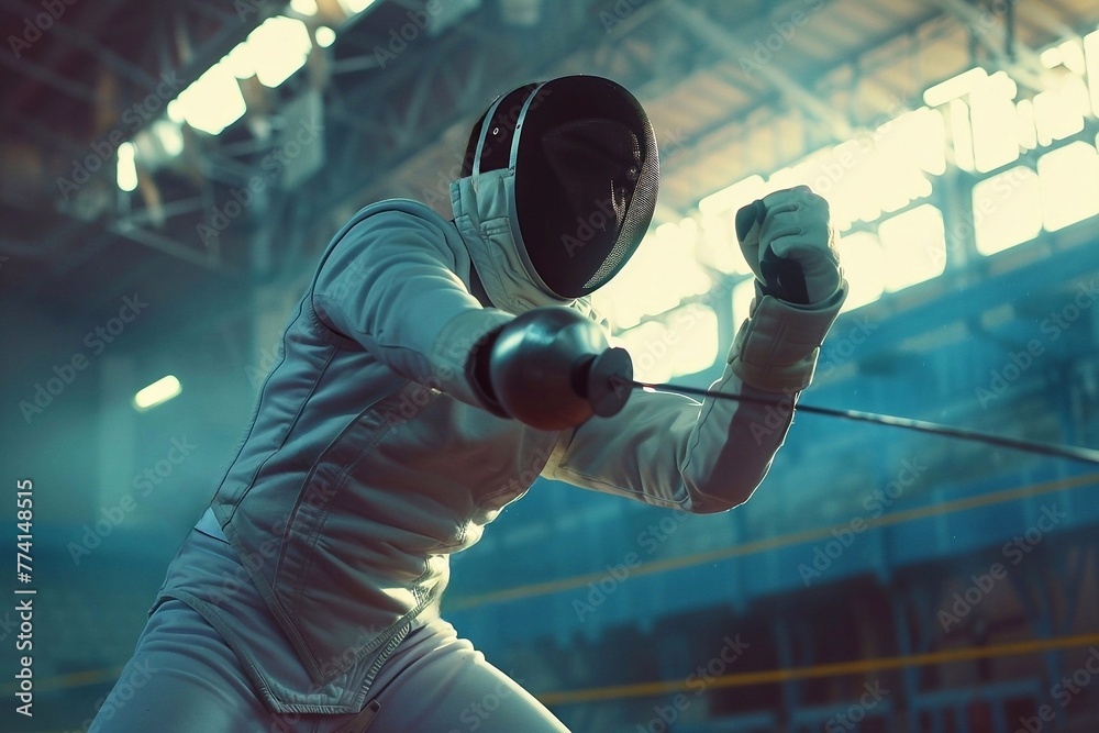 Female fencer wearing fencing costume training with rapier in modern ...
