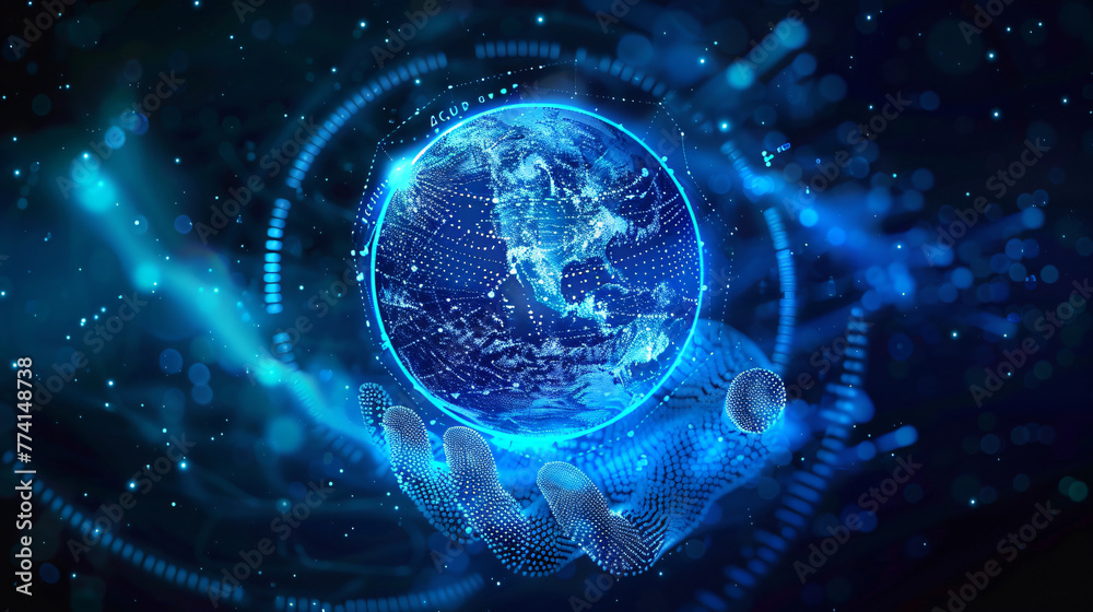 artificial intelligence concept, of a robot hold digital blue glow ...