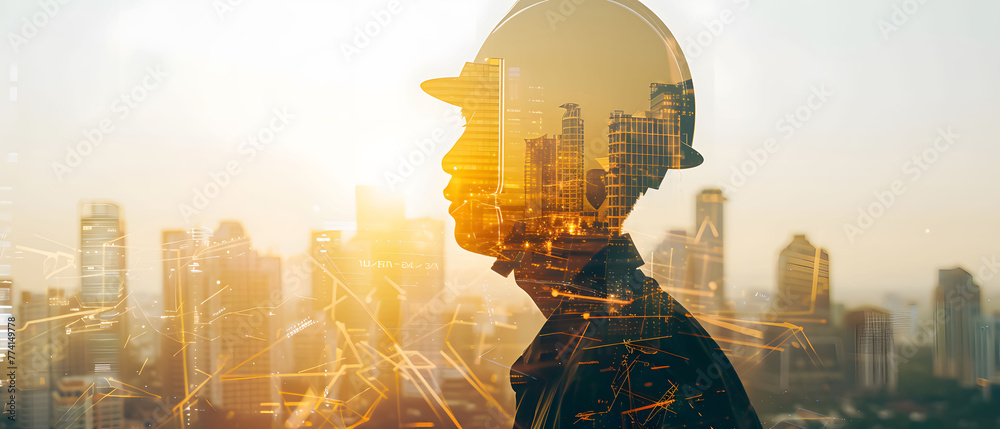 Civil engineer portrait, hardhat, double exposure cityscape background ...