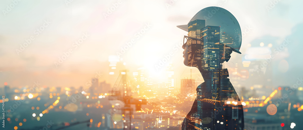 Civil engineer portrait, hardhat, double exposure cityscape background ...