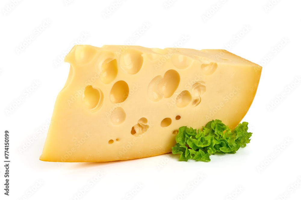 Emmental cheese, Swiss cheese, isolated on white background. High ...