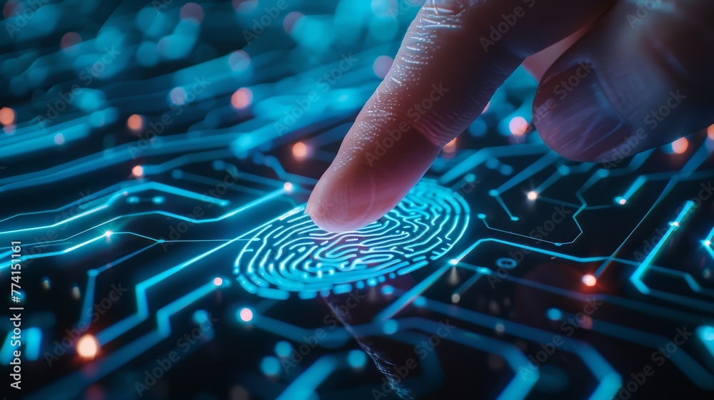 Digitally Enhanced Fingerprint Scanning. A human fingertip engages with a high-tech fingerprint ...