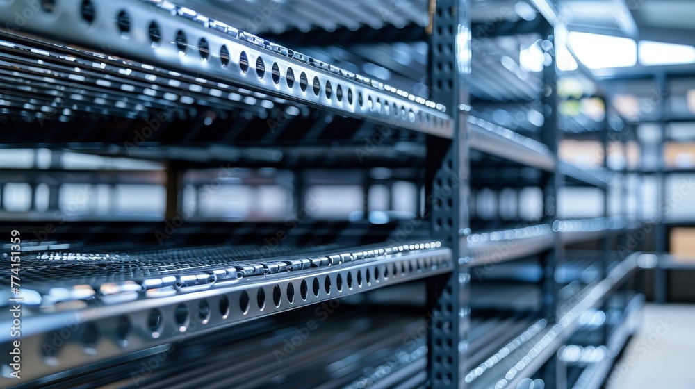 Zoomed-in on the robust structure of a heavy-duty metal shelf rack ...