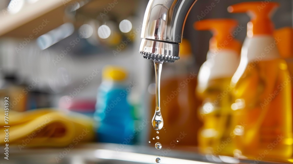 Water dripping from a pipe under a sink with supermarket cleaning ...