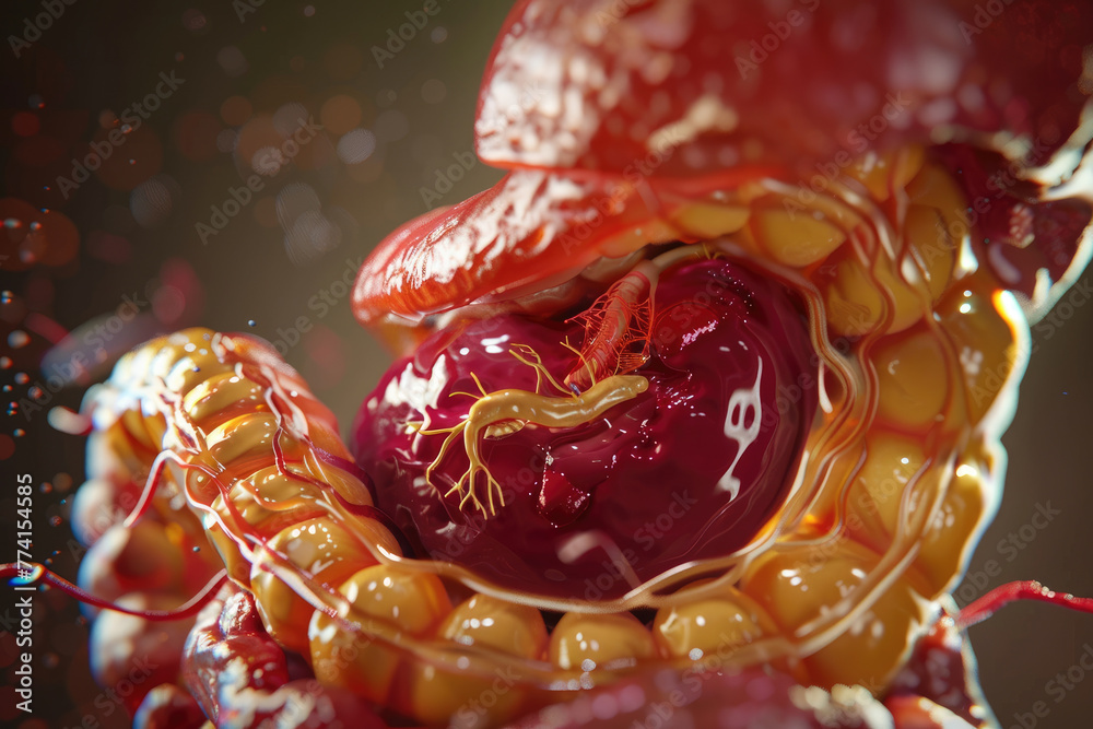 Detailed 3D model of the stomach illustrating the effects of ulcers and ...