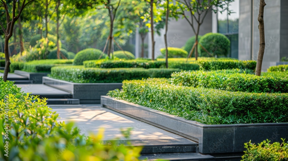 Park sleek architectural elements, illustrating how urban green spaces ...