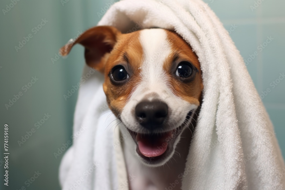 Cute happy puppy dog wrapped in towel after bath just washed at home ...