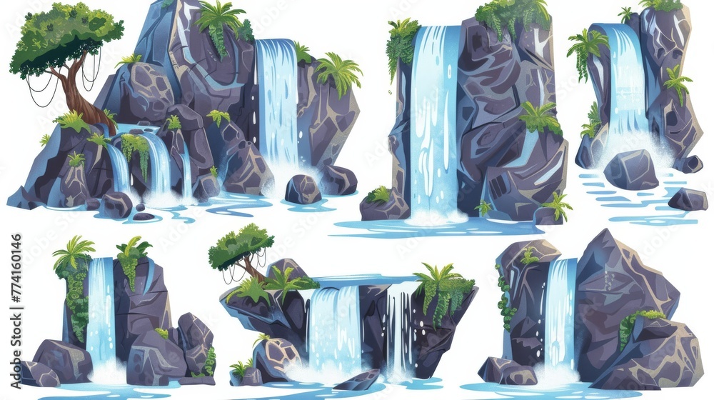 A torrent stream collection for tropical landscapes showing waterfalls ...