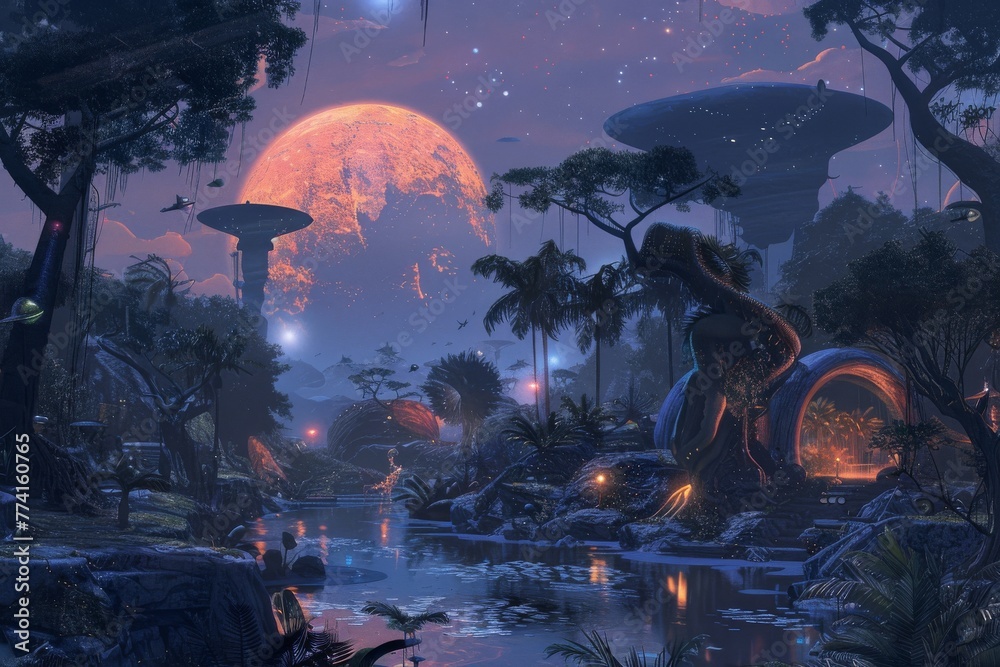 An alien wildlife sanctuary on a lush exomoon, where visitors can ...