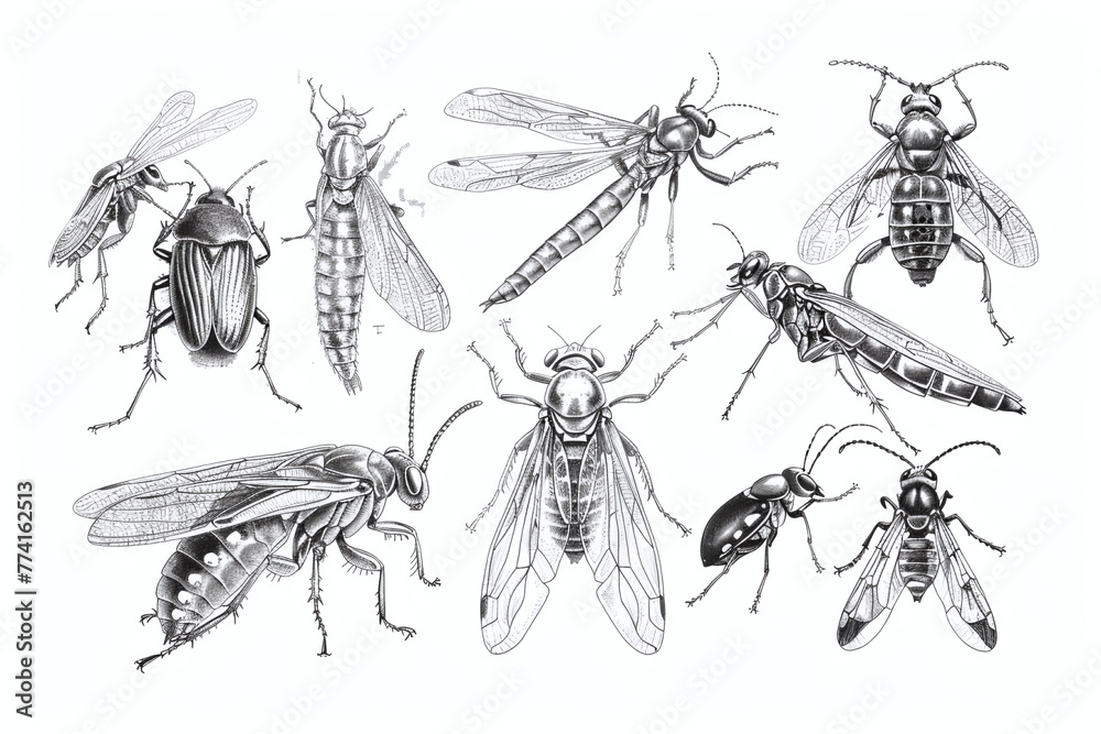 Hand drawn black and white drawing of flying insects on a white sheet ...