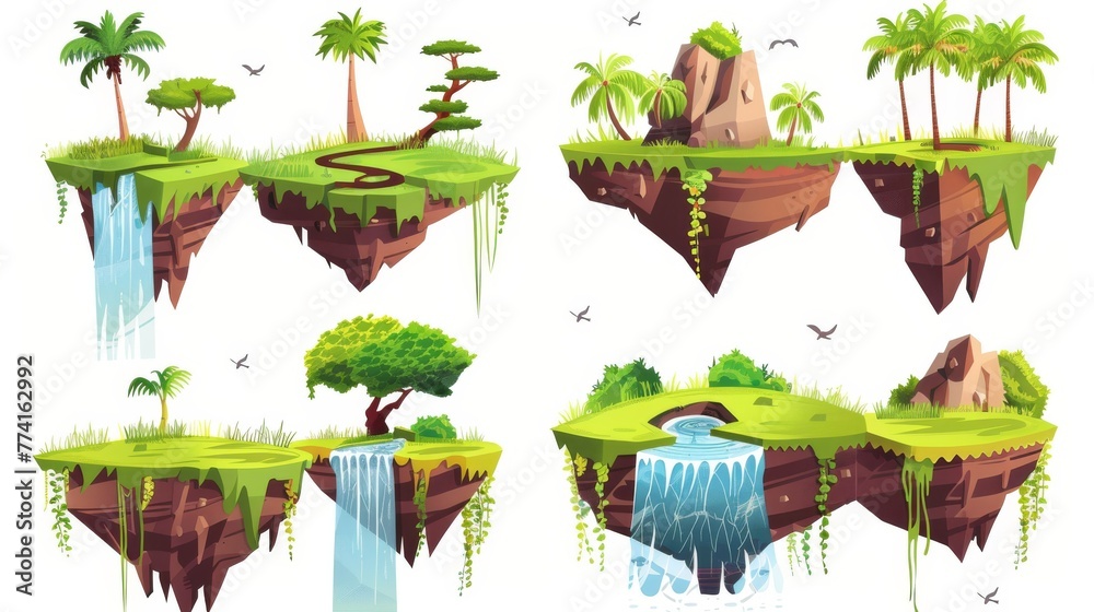 Modern illustration of floating islands with green grass, tropical ...