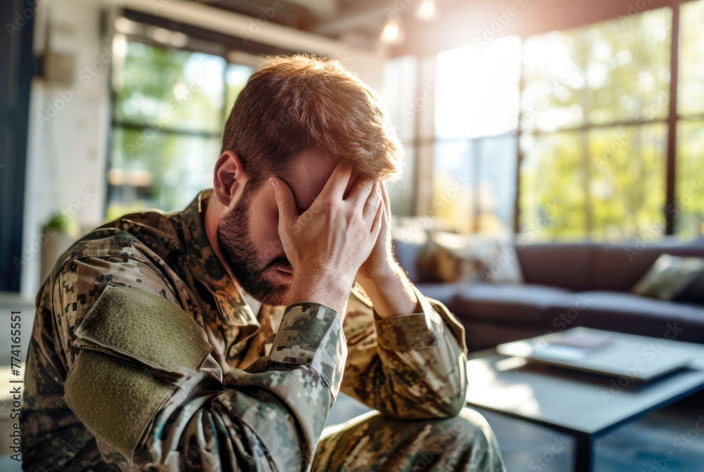 Distressed male soldier, face in hands, overwhelmed indoors. Sunlight ...