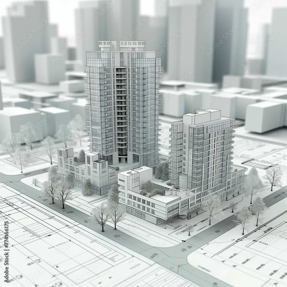 A 3D architectural model showcases residential high-rises amidst a city ...