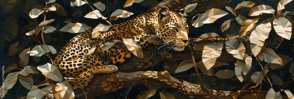 Perched in a realistic savanna tree, an origami leopard peers down, its ...