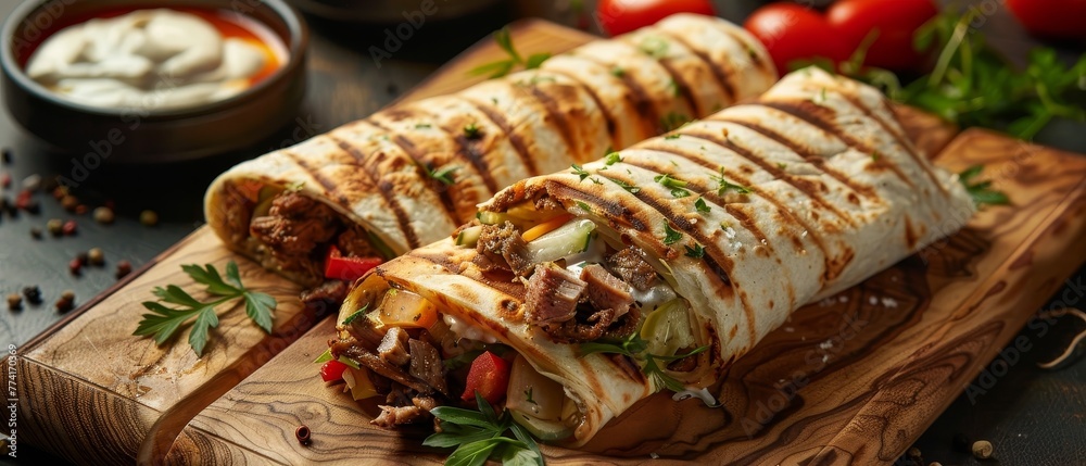 A trio of classic grilled burritos, neatly lined up and filled with ...