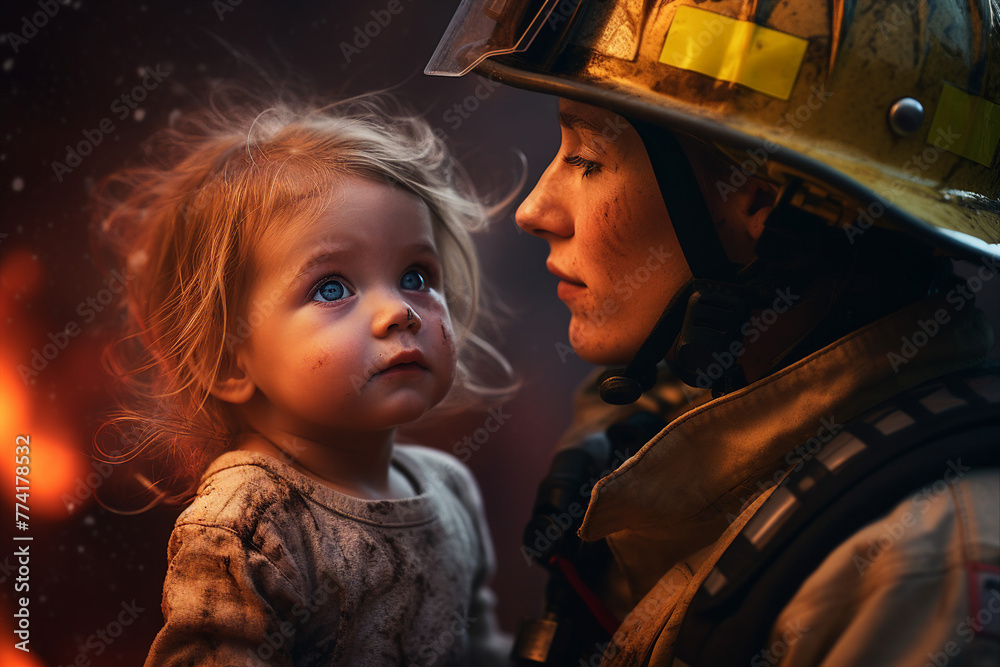 Generative AI photo of a professional brave rescuer firefighter saving ...