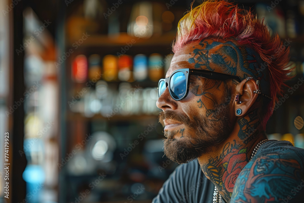 retrato profesional de una persona muy tatuada con con escarificaciones ...