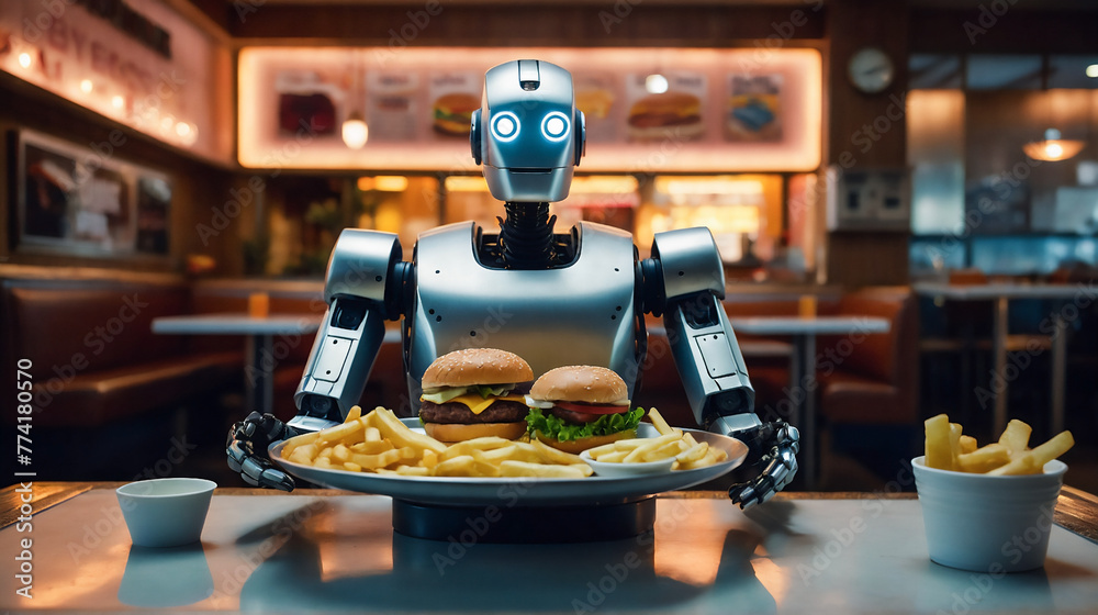 Futuristic humanoid robot working as waiter at fast food restaurant ...