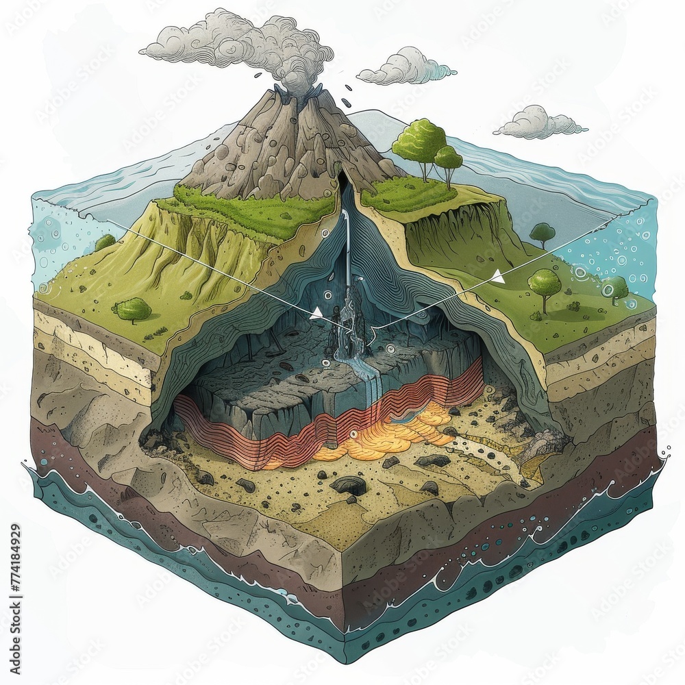 Cross-sectional illustration of a volcanic island, showing the magma ...