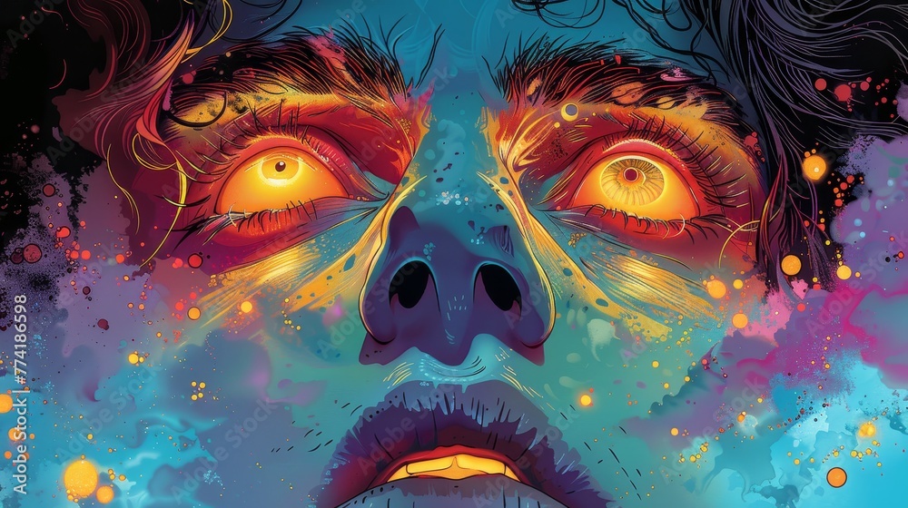 Psychodelic trippy face looking straight into the camera. the character ...