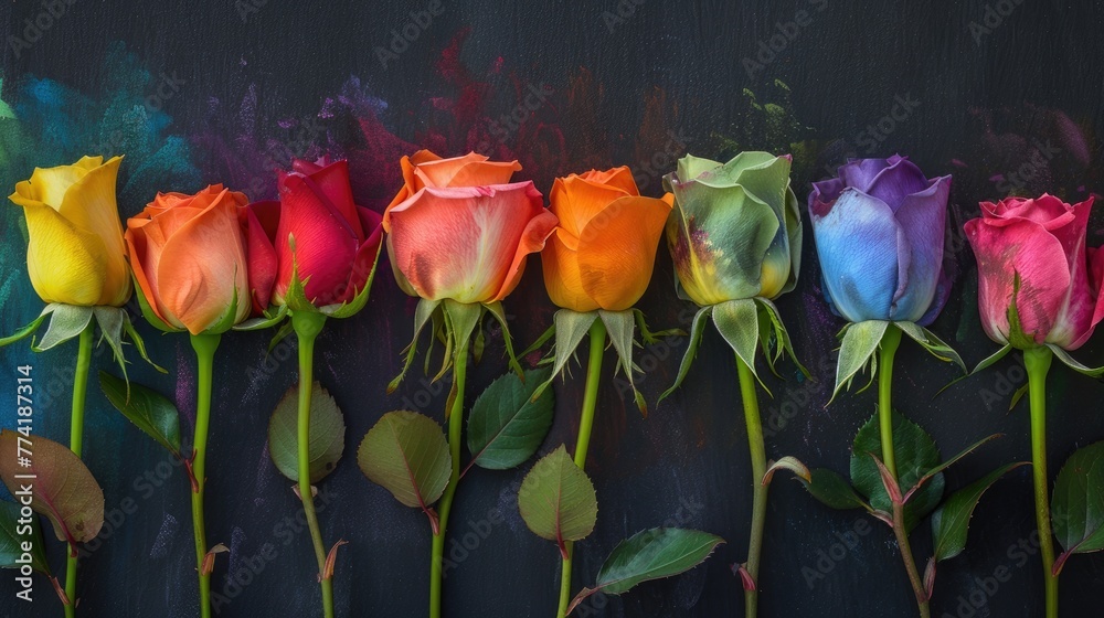 Beautiful Rainbow Colored Row of Roses. A single line of rose heads ...