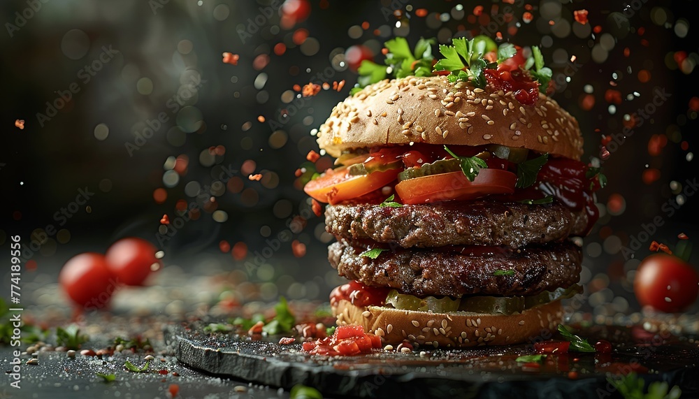 food flying around hamburger with ingredients, hyper realistic ...