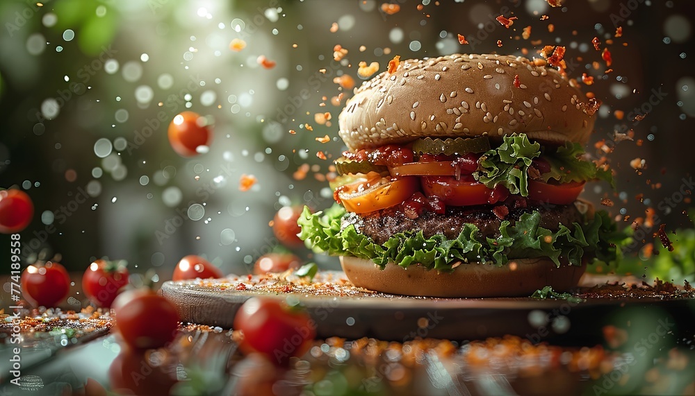 food flying around hamburger with ingredients, hyper realistic ...