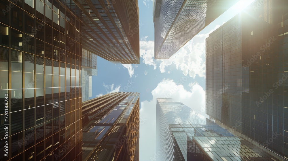 Craft an image of architectural giants reaching into the sky as you ...