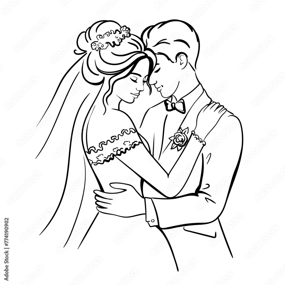 Plakát Bride and groom, wedding, back view, line art, back view ...