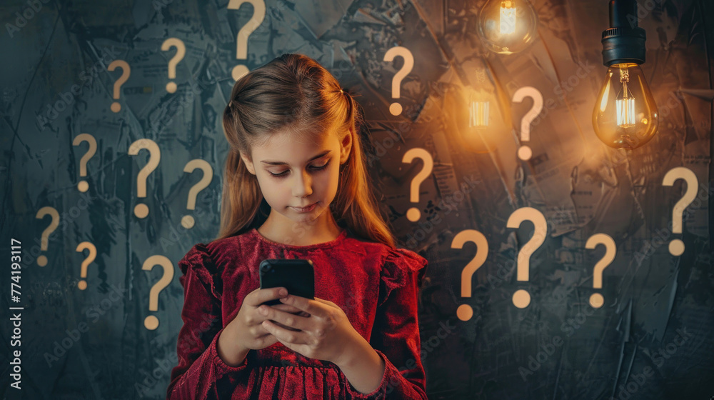Engrossed in her phone, a girl is surrounded by question marks ...