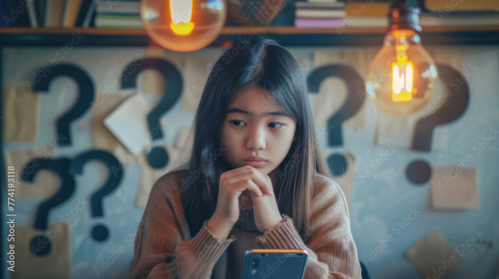 Thoughtful girl interacts with her phone, encapsulated by a cloud of ...