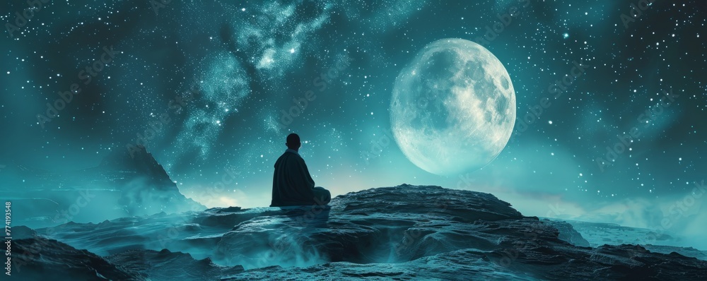 Man sitting under moonlit sky on mountain - A solitary figure ...