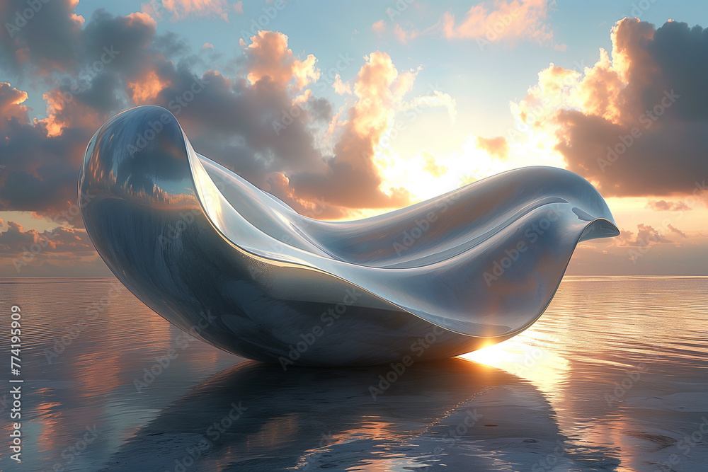 Sculpture made from steel Abstract shapes on the water surface with ...