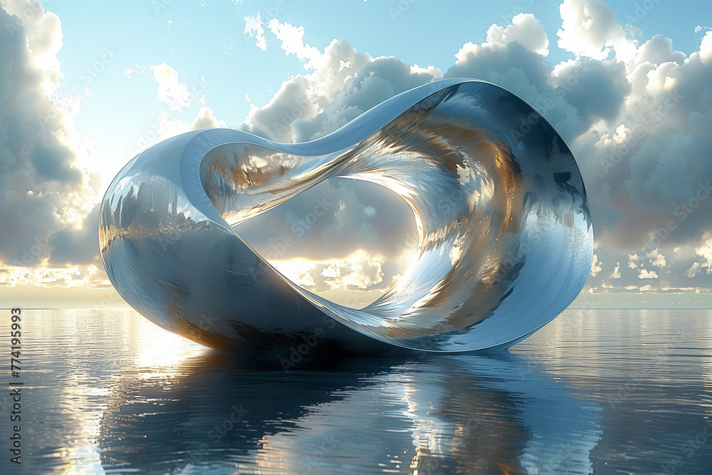 Sculpture made from steel Abstract shapes on the water surface with ...